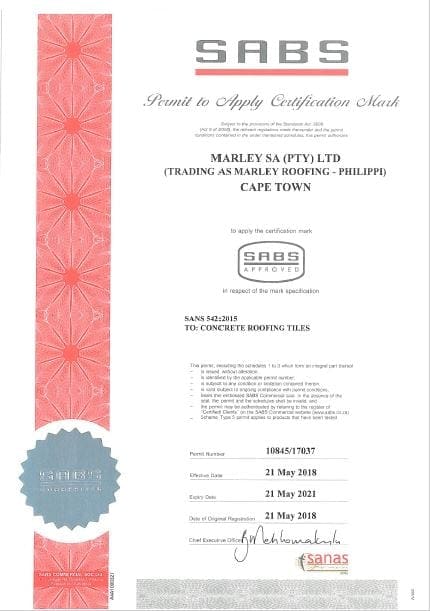 Cape Town Plant SABS Certificate - Marley Roofing