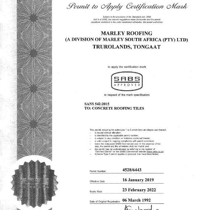 Togaat Plant SABS Certificate - Marley Roofing