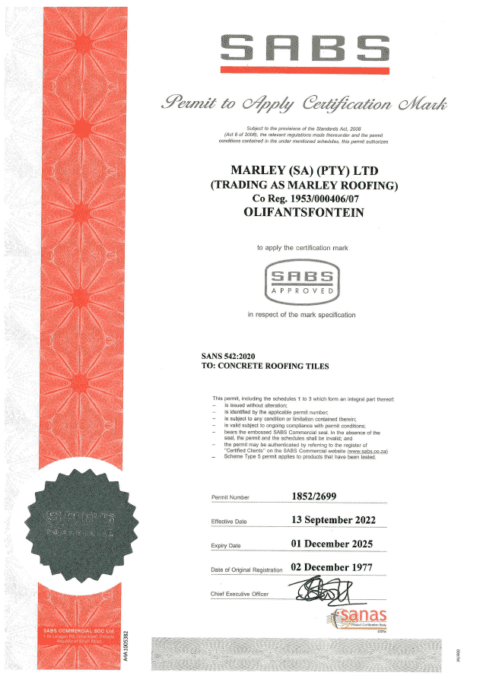 Olifantsfontein SABS Certificate - Marley Roofing