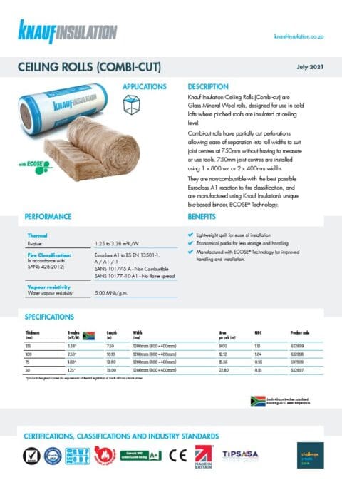 Knauf Ceiling Insulation Rolls – Multi Pack & Combi-Cut – SANS 53501-1 ...